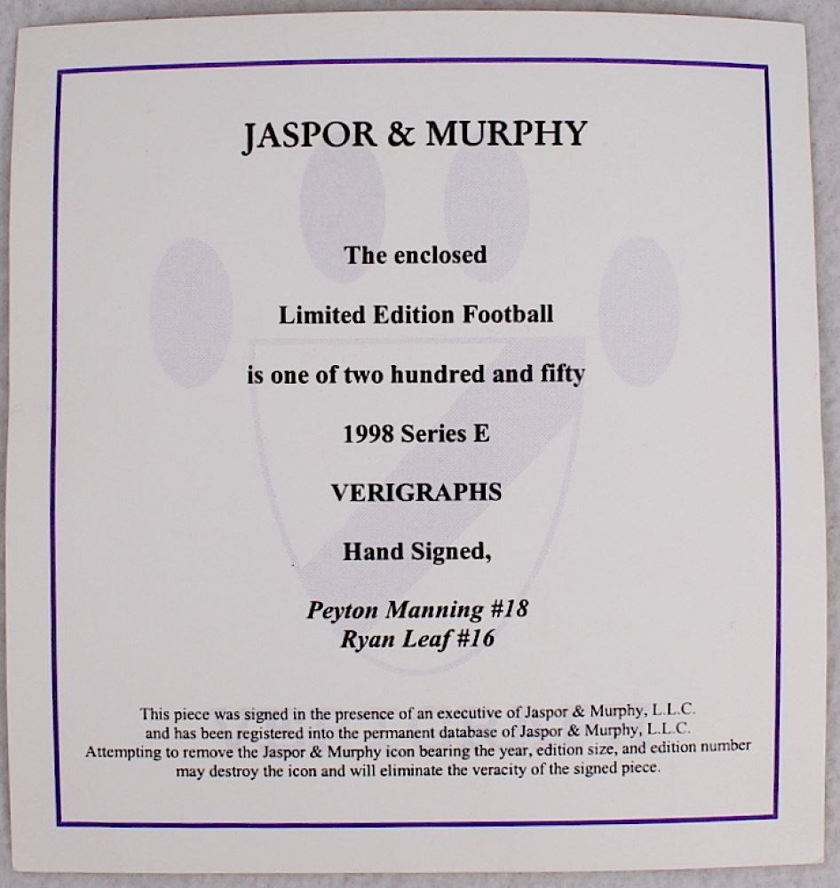 Peyton Manning & Ryan Leaf Signed Colts & Chargers Football (Verigraph COA)