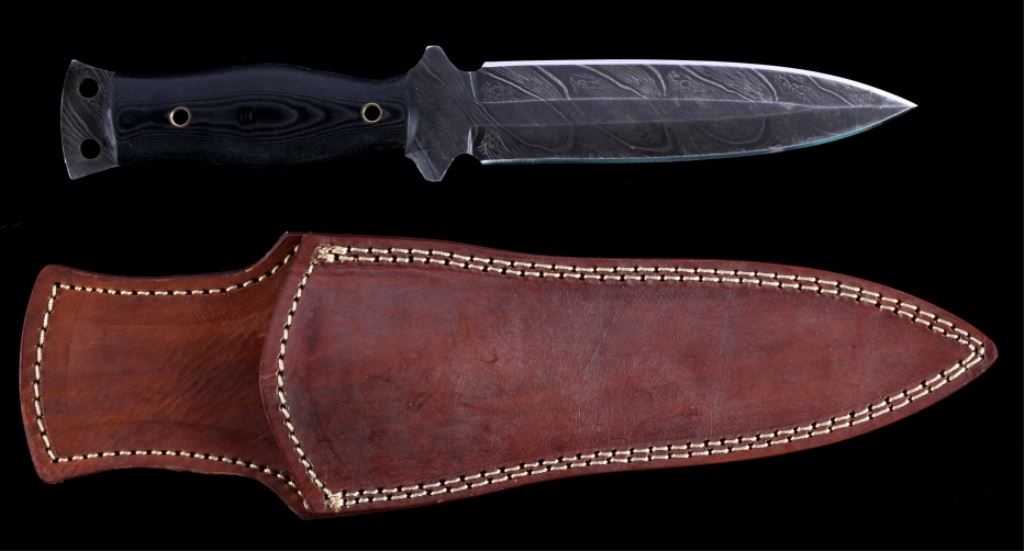 CFK Damascus Double Edge Knife with Leather Sheath