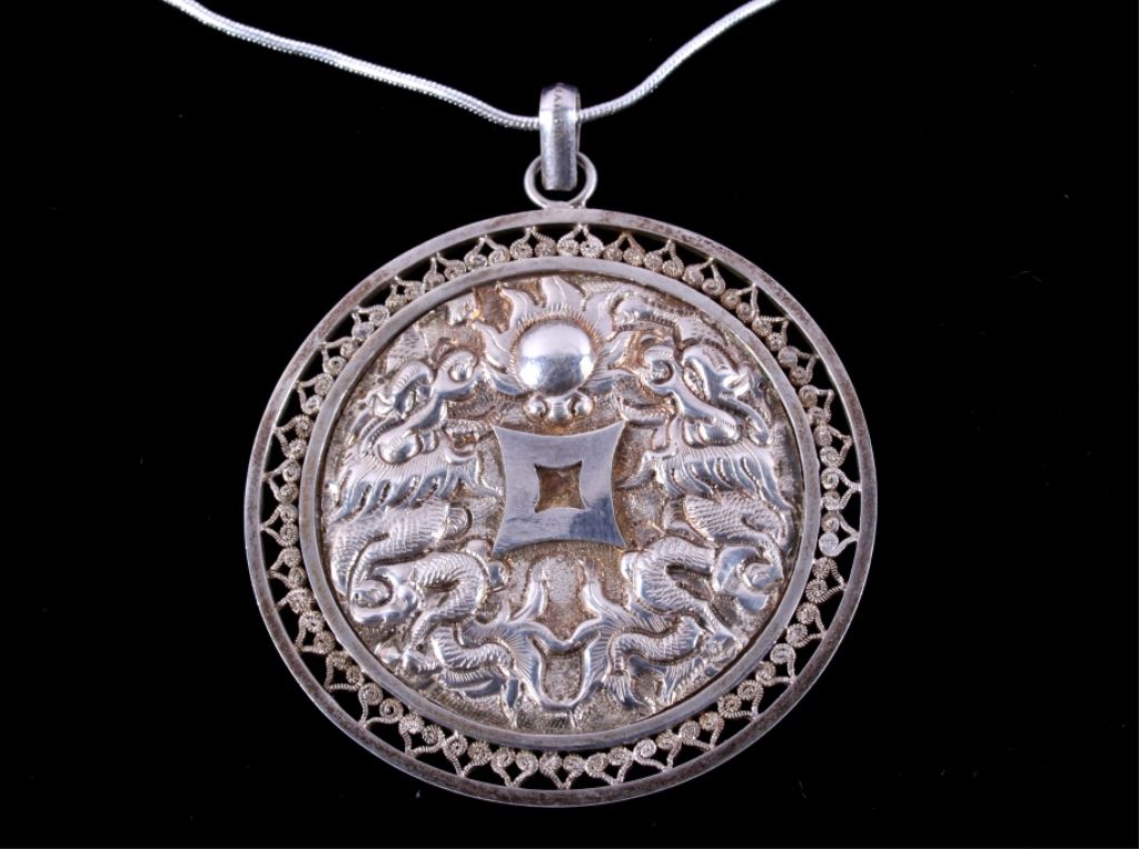 Antique Chinese Sterling Dragon Medallion Necklace