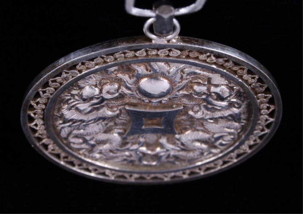 Antique Chinese Sterling Dragon Medallion Necklace