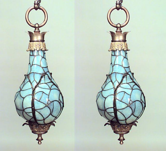 Pair Victorian Gilt Brass & Slag Glass Fixtures