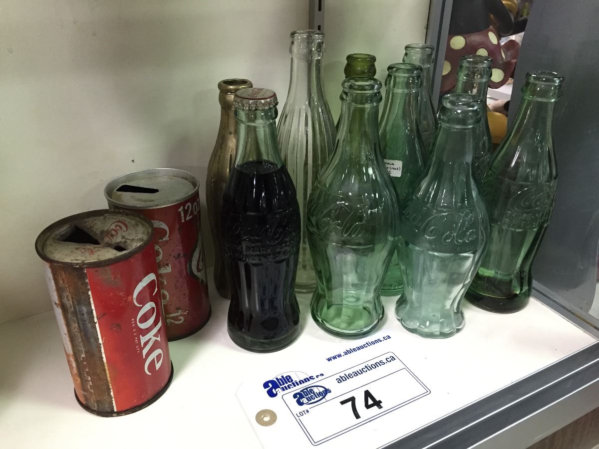 LOT OF 10 ASSORTED VINTAGE COCA-COLA BOTTLES & 2 CANS - Able Auctions LOT OF 10 ASSORTED VINTAGE COCA-COLA BOTTLES & 2 CANS - Able Auctions