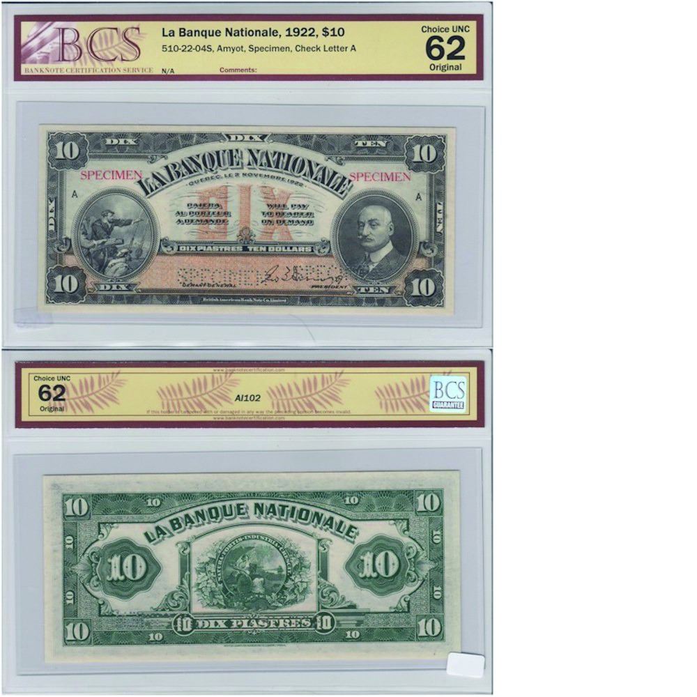 1922 La Banque Nationale Specimen $10. 510-22-04S, BCS CUNC-62, Original.