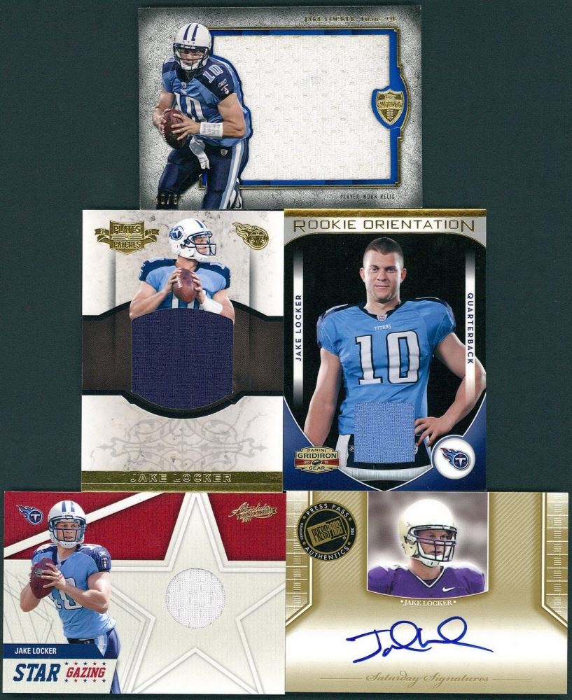 Lot of (5) Jake Locker Autograph & Game-Used Insert Cards