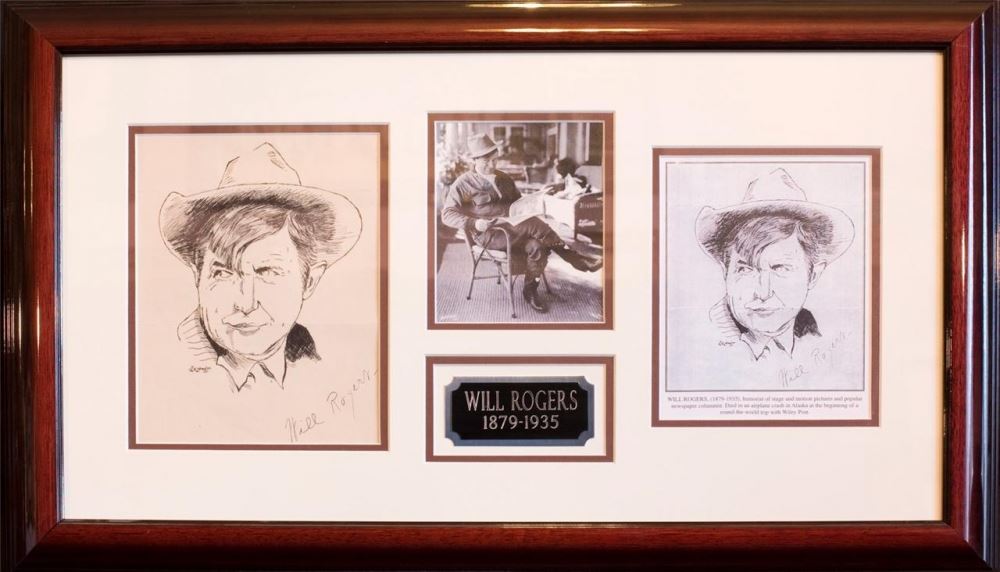 Will Rogers Rare Signed Artwork Custom Framed Display (PA LOA)