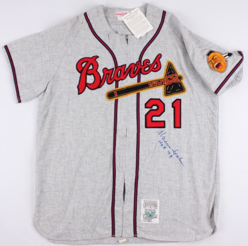 Warren Spahn Signed Braves Throwback Jersey Inscribed "HOF 75" (JSA LOA)