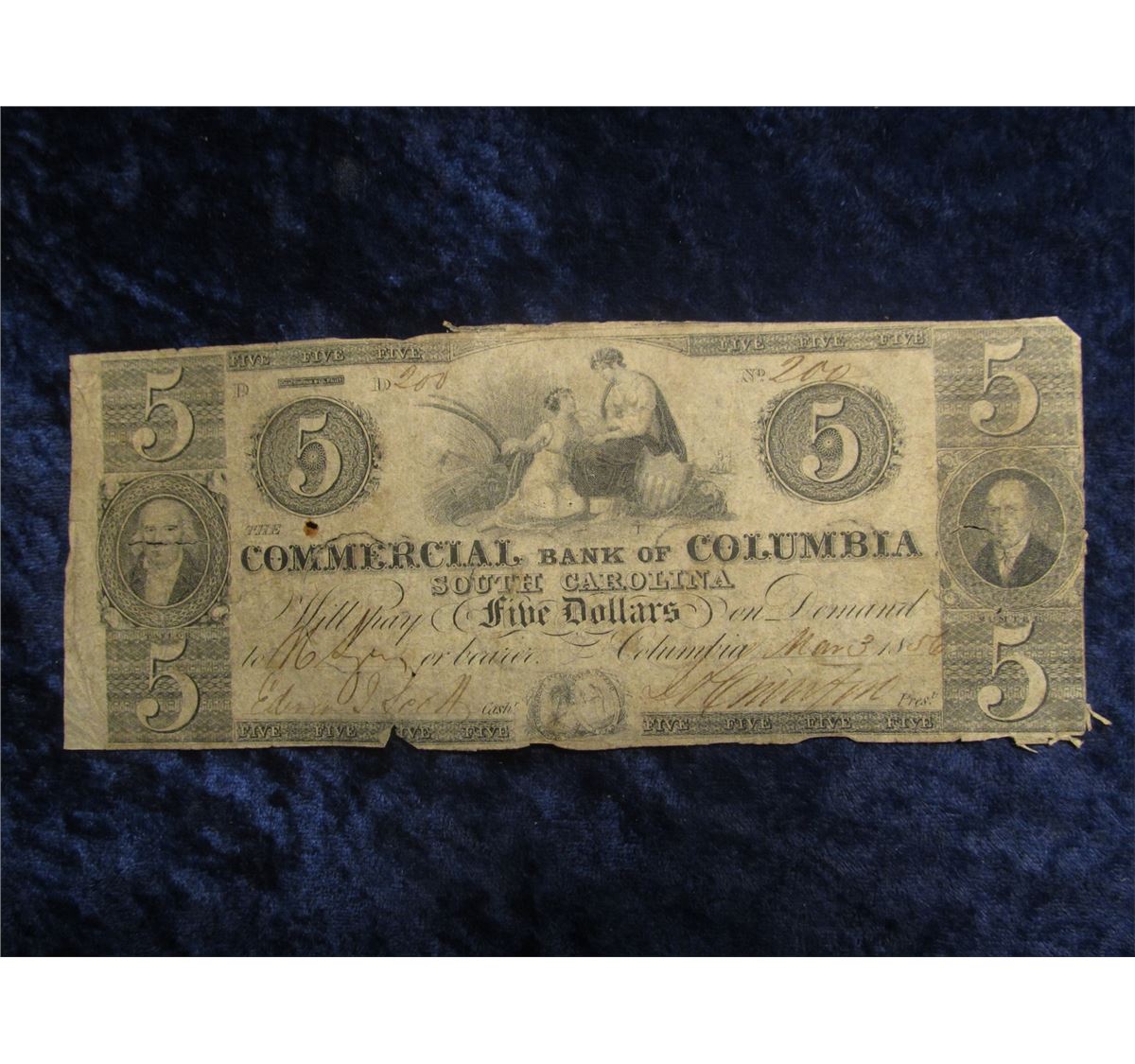 125. Mar. 3rd, 1856 "The Commercial Bank of Columbia South Carolina" $5 ...