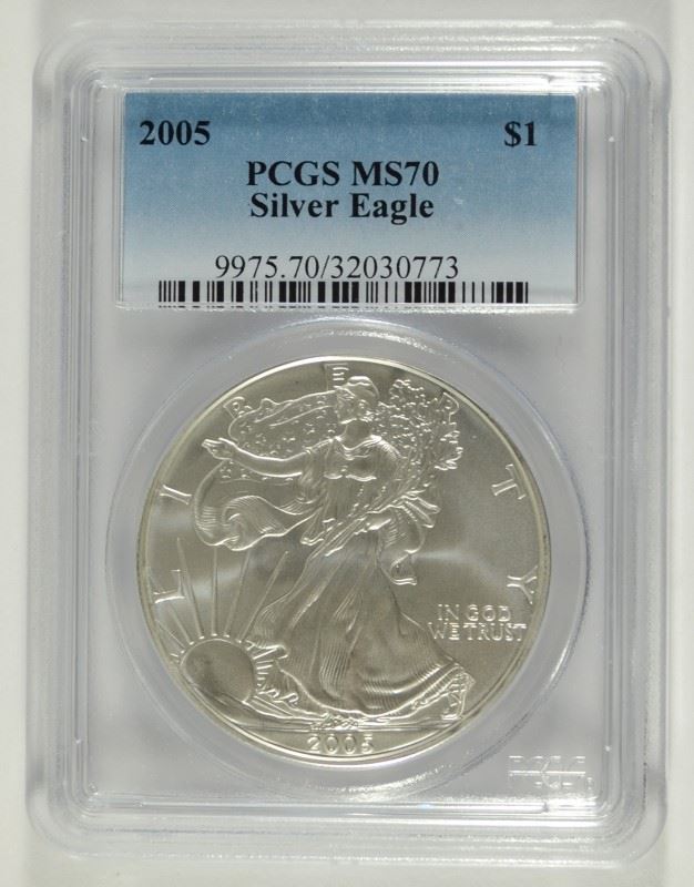 2005 AMERICAN SILVER EAGLE, PCGS MS-70 RARE LISTS IN PCGS PRICE GUIDE AT $700.00