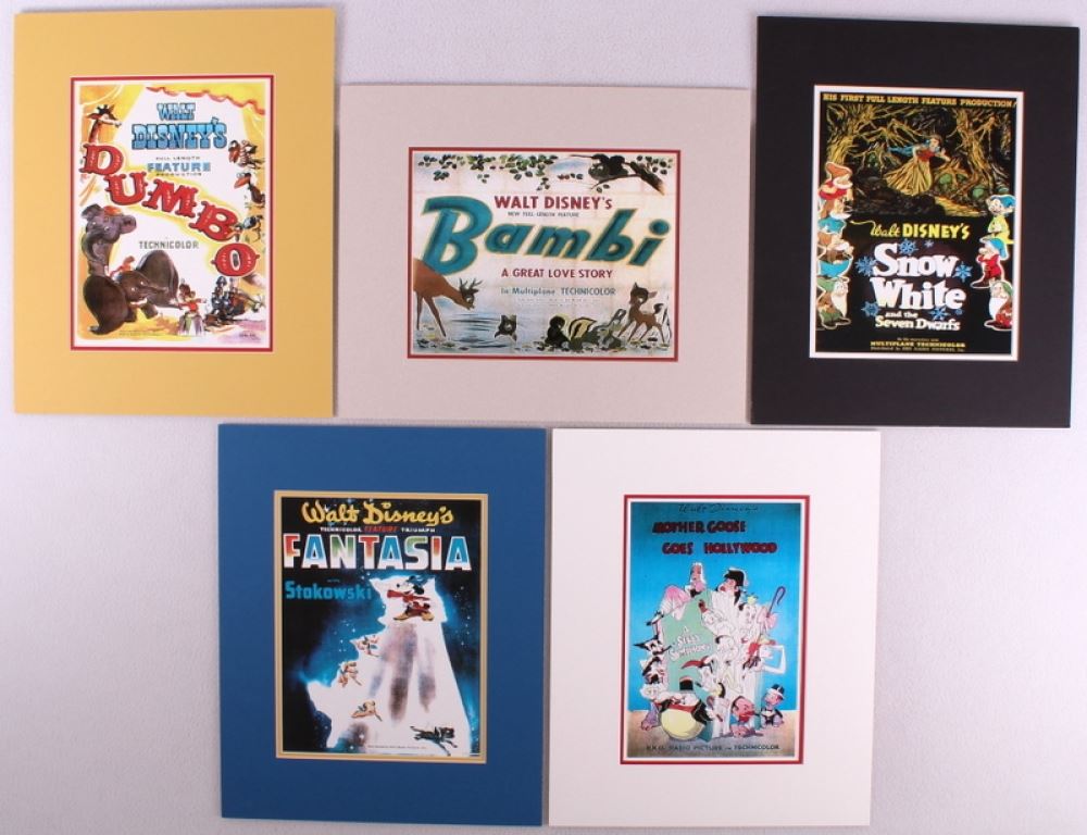 Lot of (5) Disney 13x16 Custom Matted Lithographs with "Bambi", "Snow ...