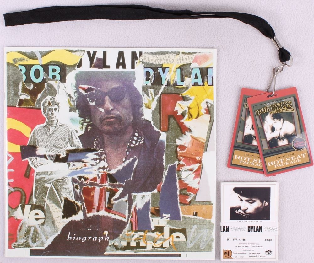 Lot of (4) Bob Dylan Items with (2) VIP Tickets, 12x12 Bio Booklet ...