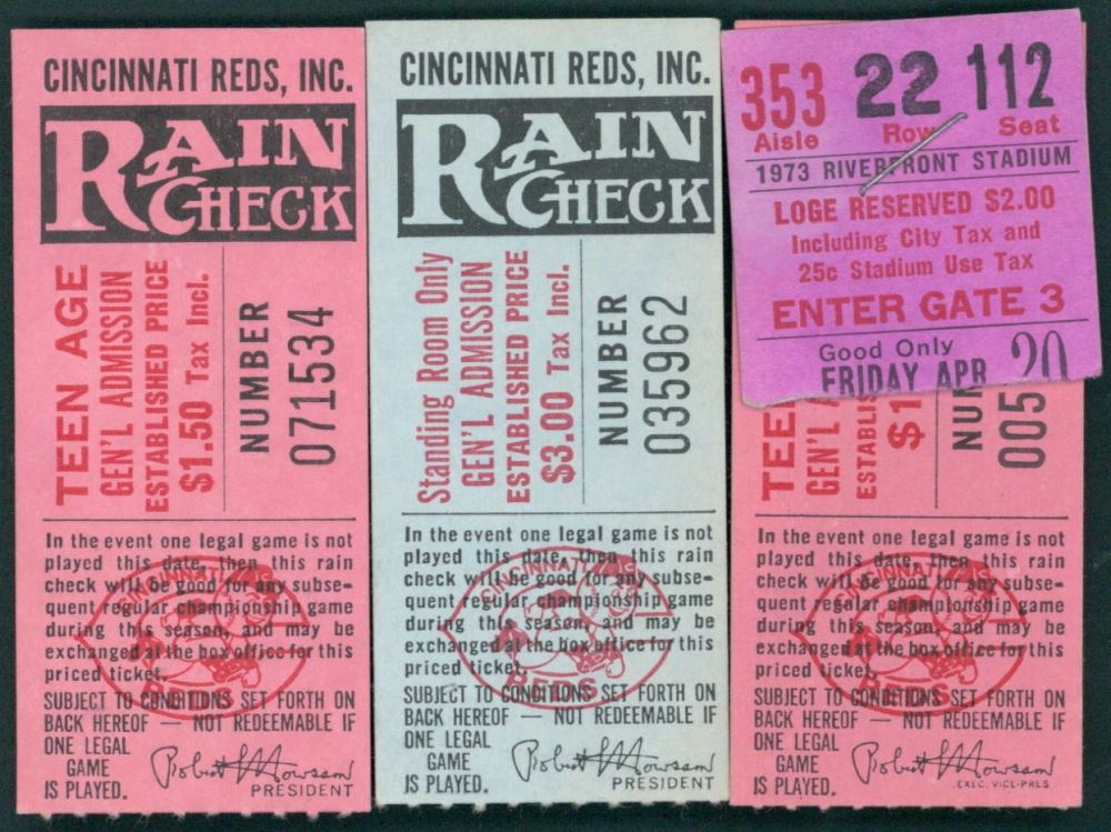 Lot of (3) Vintage 1973 Cincinnati Reds Baseball Tickets and Rain Checks