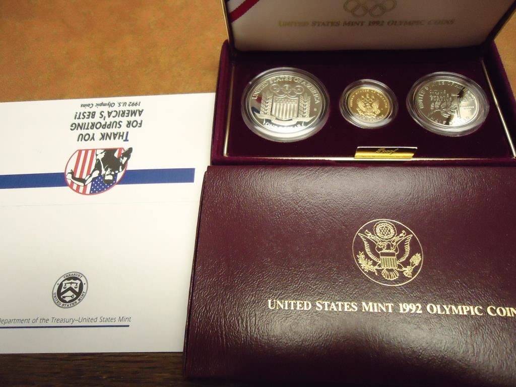 1992 US OLYMPIC 3 COIN GOLD & SILVER PROOF SET CONTAINS: 1992-W $5 GOLD ...