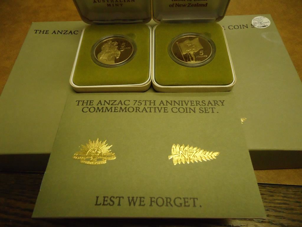 1990 AUSTRALIA / NEW ZEALAND "ANZAC" 75TH ANNIV. COIN SET, CONTAINS: $5 ...