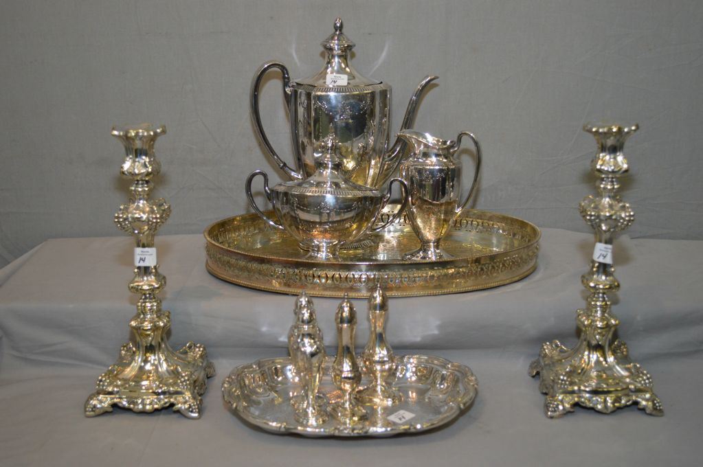 Selection of vintage silverplate including Norblin candlesticks ...
