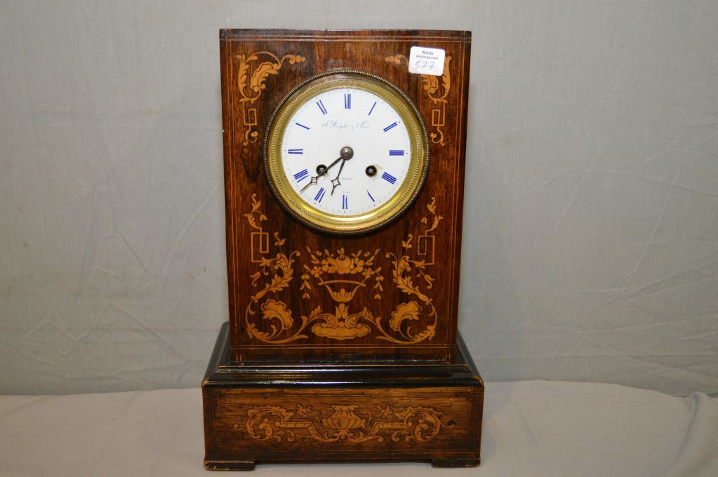 Vintage wooden French mantle chiming clock with satin wood inlaid ...