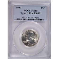 1957 WASHINGTON QUARTER, TYPE-B REVERSE FS-901, PCGS MS-65