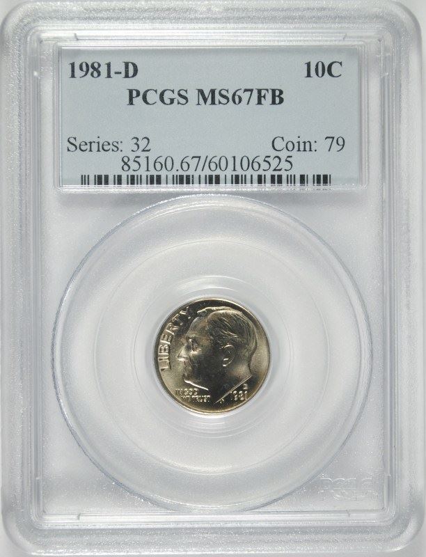 1981-D ROOSEVELT DIME, PCGS MS-67 FULL BANDS