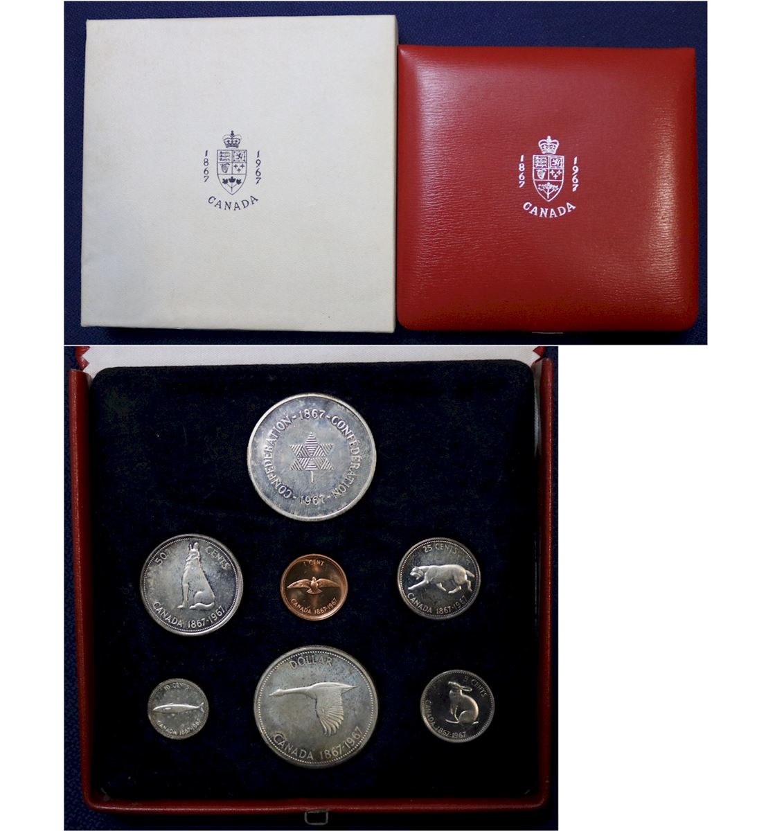 1867-1967 Specimen 7-coin set with special silver medallion in Red Case ...