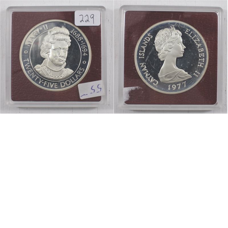 1977 Cayman Islands $25 Queen Mary II 1688-1694 Silver Proof Coin.