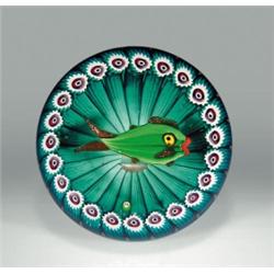 Paul Ysart green fish paperweight, with a bright green fish, having red ...
