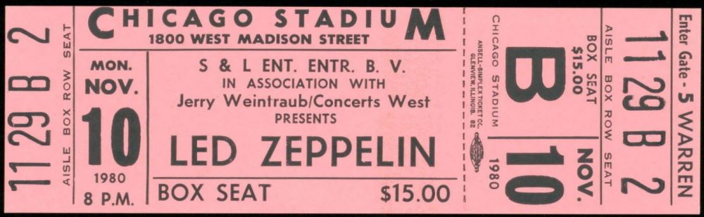 Led Zeppelin Original 1980 Chicago Stadium Concert Ticket