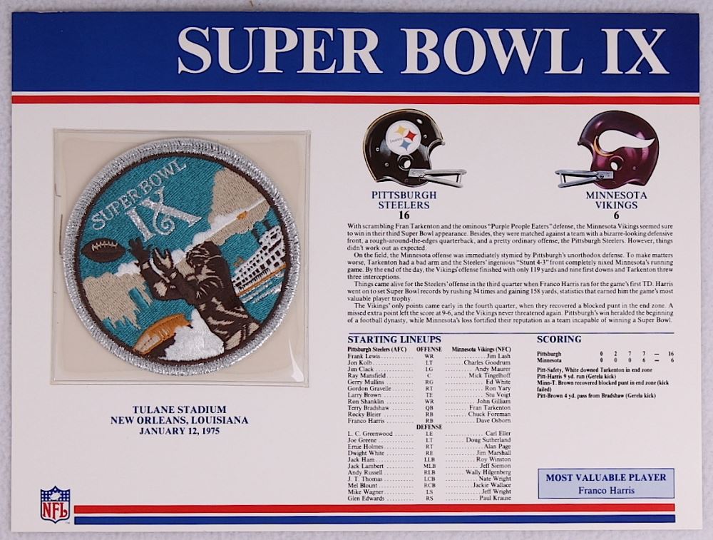 Super Bowl IX Patch With 12x9 Scorecard: Steelers vs. Vikings
