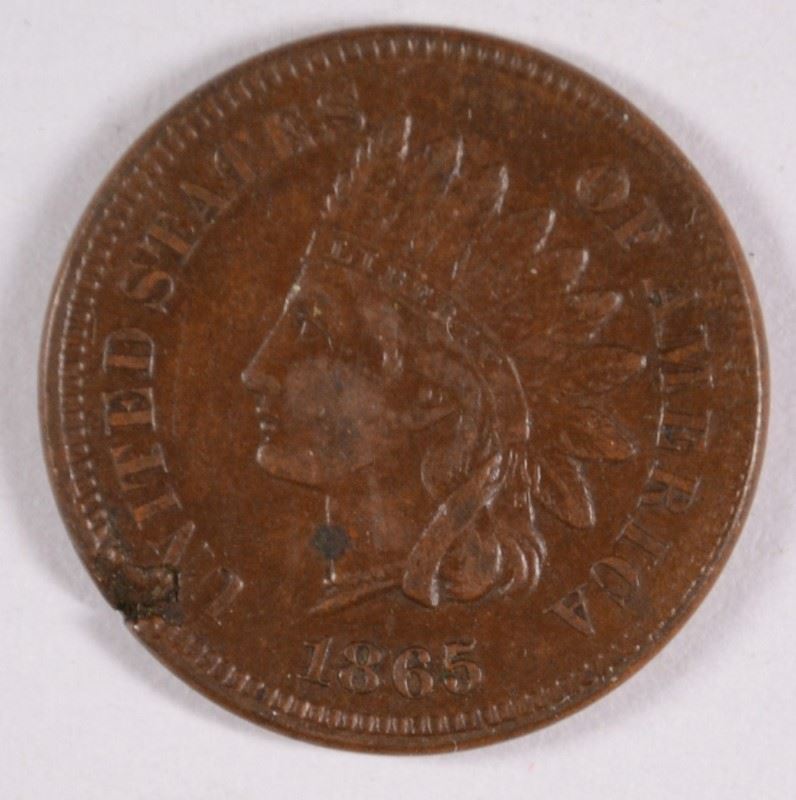 1865 INDIAN HEAD CENT, AU-53 CHOCOLATE BROWN COLOR WITH PLANCHET FLAW