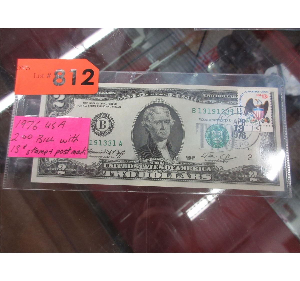 1976 USA $2 bill w/ stamp & post mark