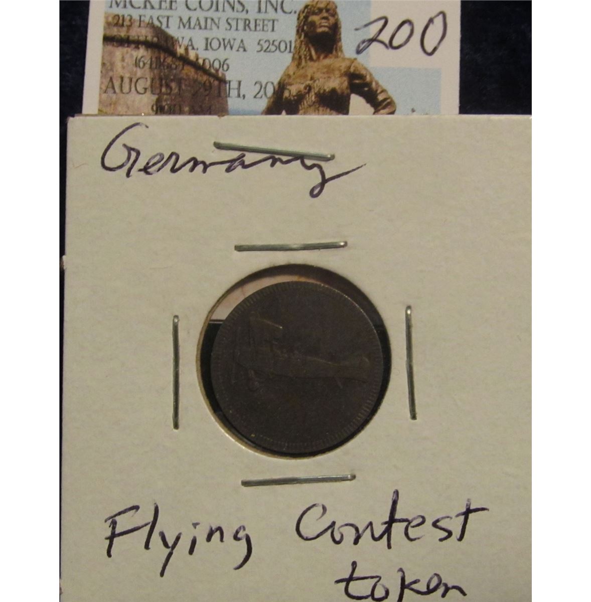 200. German "Weltflug Spiel" Bi-Plane Token. World War I era.