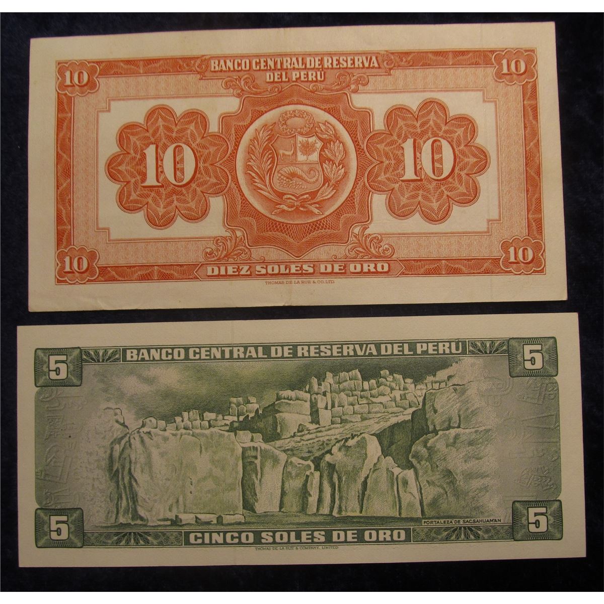 573. 5 & 10 Soles de Oro Central Reserve Bank of Peru Bank notes. Crisp ...