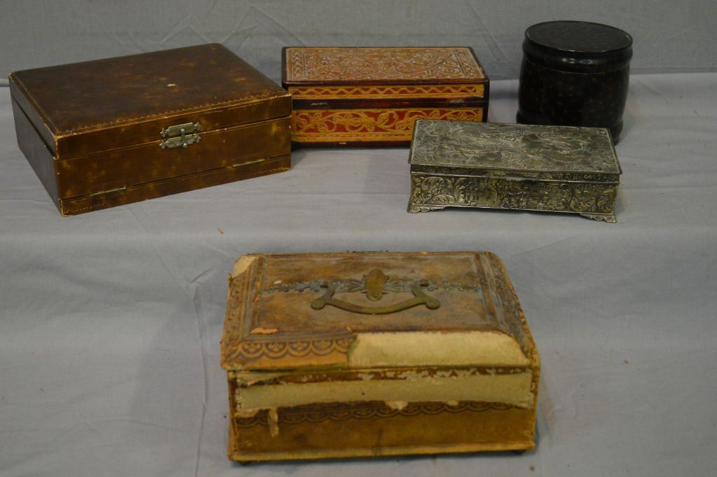 Tray lot of collectible boxes including silver plate, inlaid wood ...