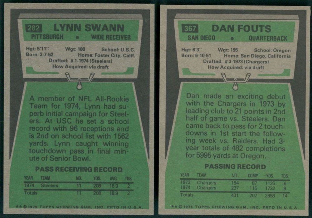 Lot of (2) 1975 Topps Football Cards with #282 Lynn Swann RC & #367 Dan ...