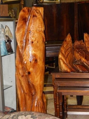 unique - hand crafted Solid wood carving of a salmon - 40" tall, 10" dia.