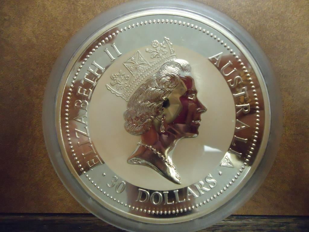 1 KILO SILVER 1995 AUSTRALIAN KOOKABURRA $30 COIN NICE GOLDEN TONING, 1 ...