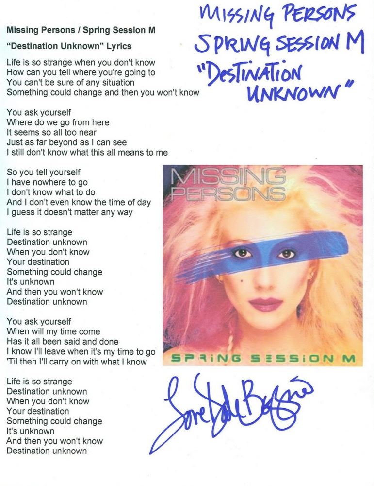 Dale Bozzio Signed "Destination Unknown" 8x11 Lyrics Sheet Inscribed ...