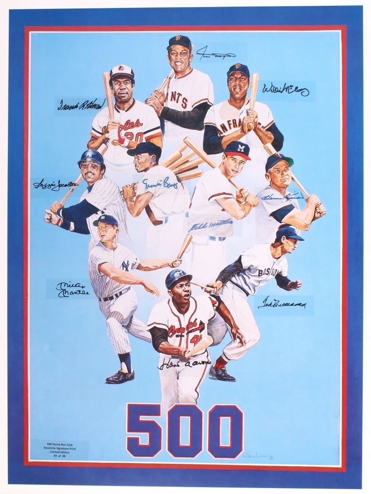 500 Home Run Club Ron Lewis LE 18x24 Lithograph with (10) Facsimile ...