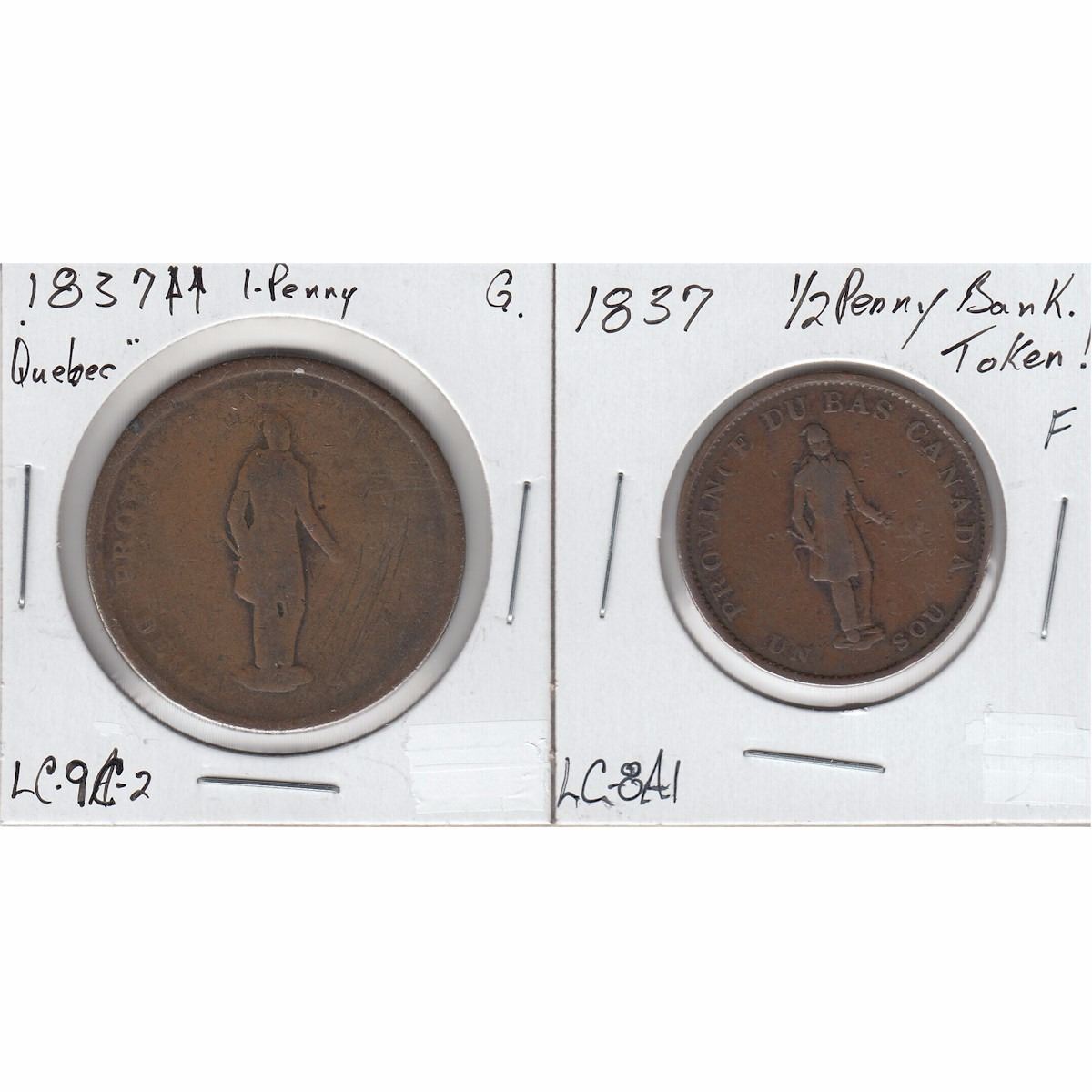Pair of 1837 Canada Half Penny bank Token.