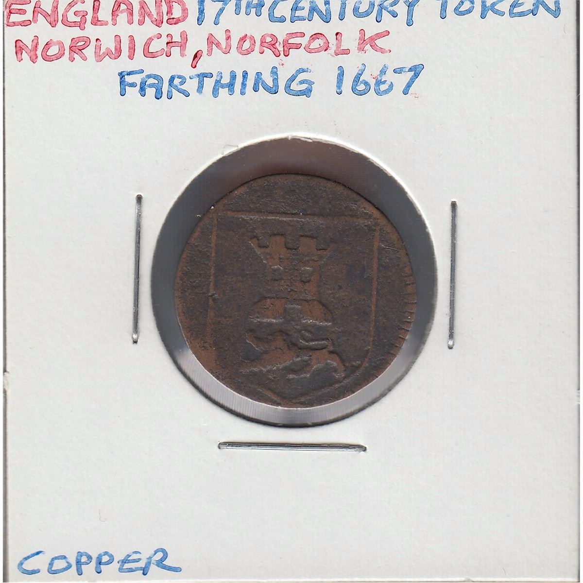 1667 England 17th Century Norwich, Norfolk Copper Farthing.