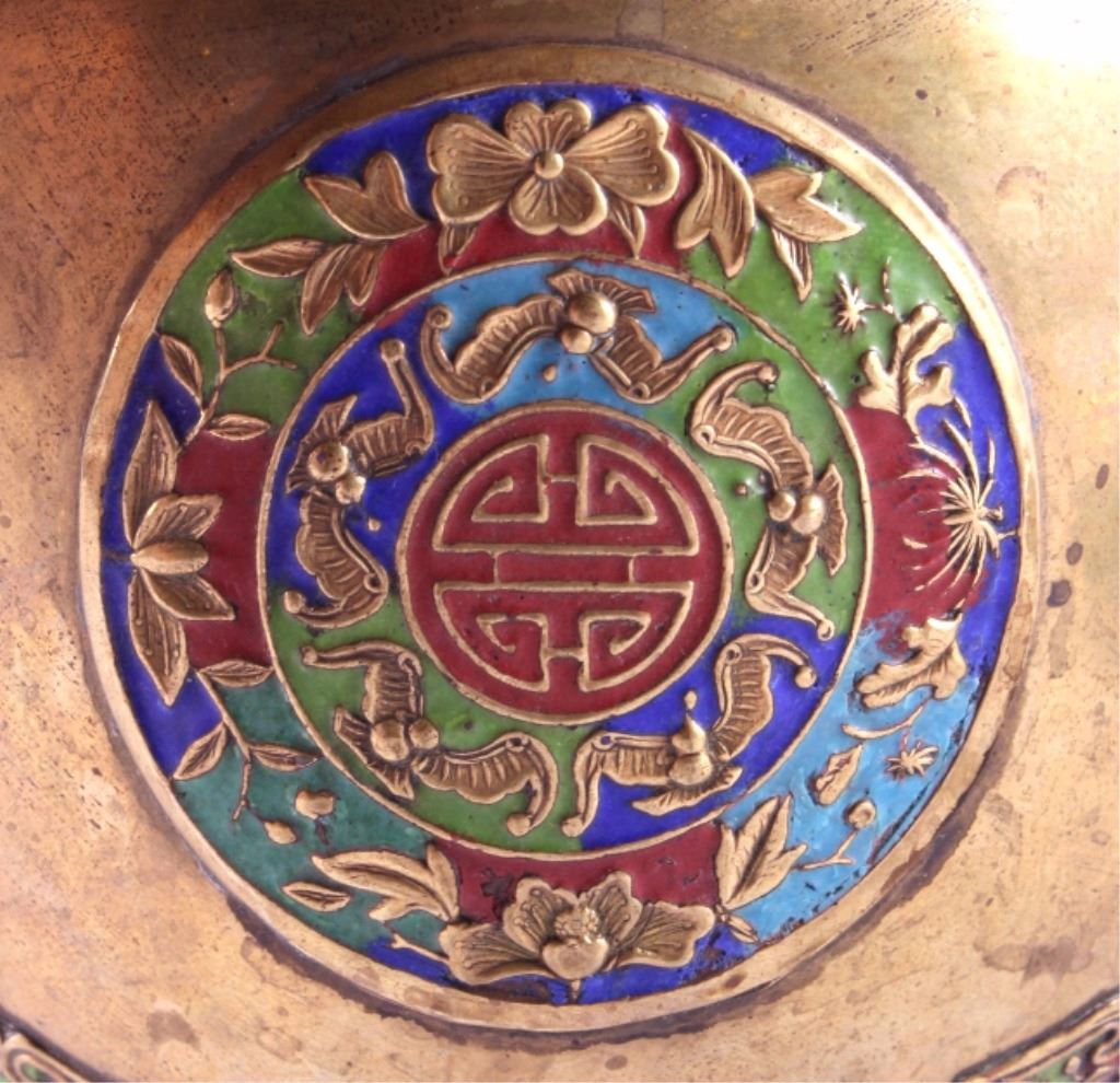 Antique Chinese Brass and Enamel Teapot and Tray
