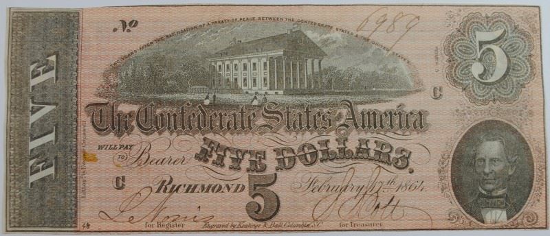 1864 $5 CONFEDERATE STATES OF AMERICA NOTE