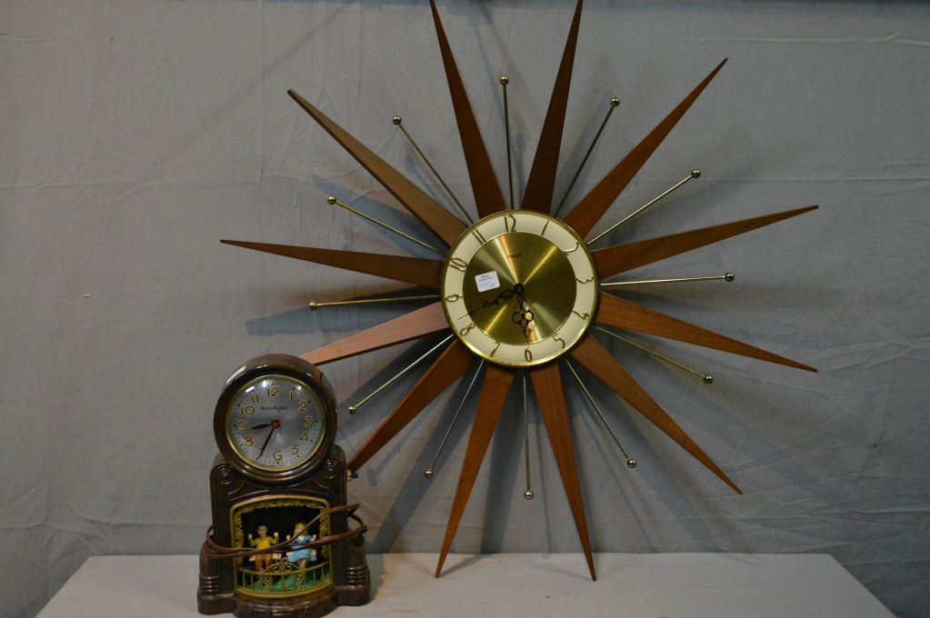 Two vintage clocks including retro Forestville starburst wall clock and ...