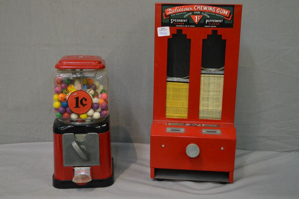 Vintage coin operated chewing gum dispenser and a penny gum ball machine