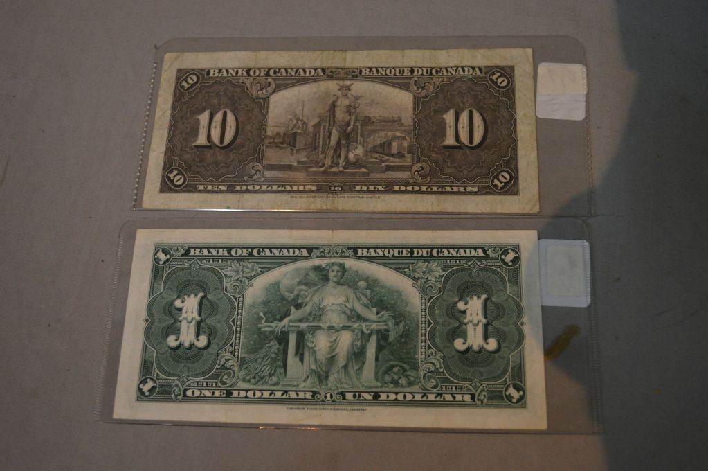 Two Canadian bank notes including 1937 King George one dollar bill and ...