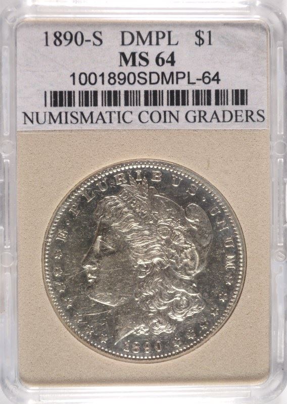 1890-S MORGAN SILVER DOLLAR, NUMISMATIC COIN GRADERS, CHOICE BU DMPL
