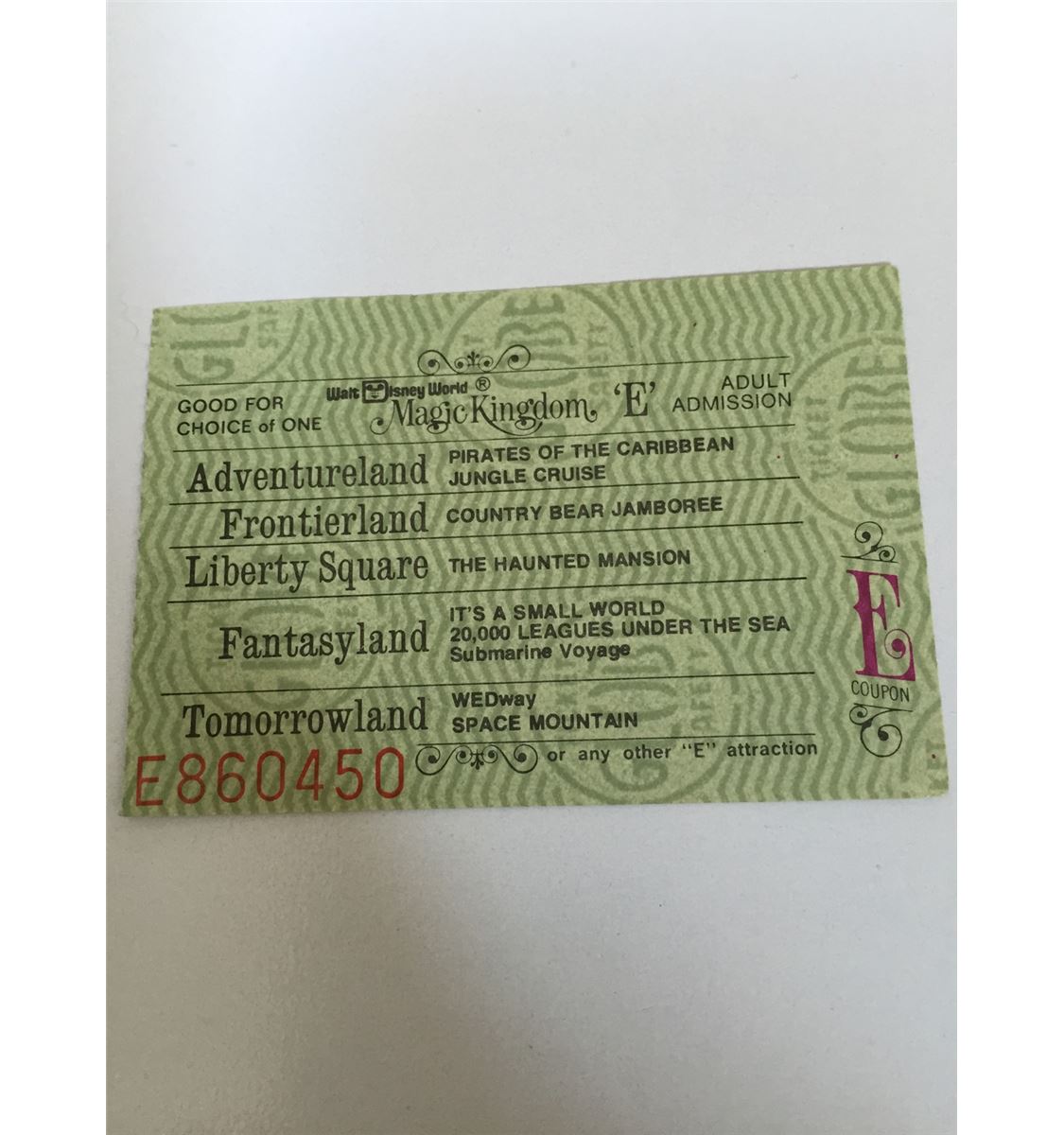 VINTAGE WALT DISNEY WORLD MAGIC KINGDOM "E" TICKET COUPON