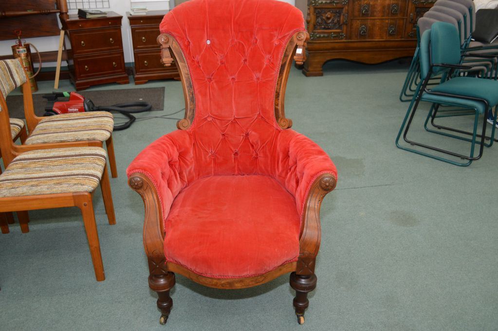 Antique button tufted upholstered parlour chair with carved show wood ...