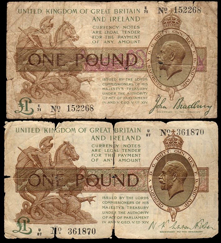 Great Britain, One Pound, John Bradbury and N.K.Waren Fisher, (1917 and ...