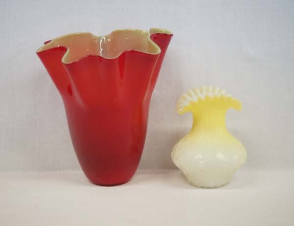 Pr. Hand Blown Cased Art Glass Ruffled Vases