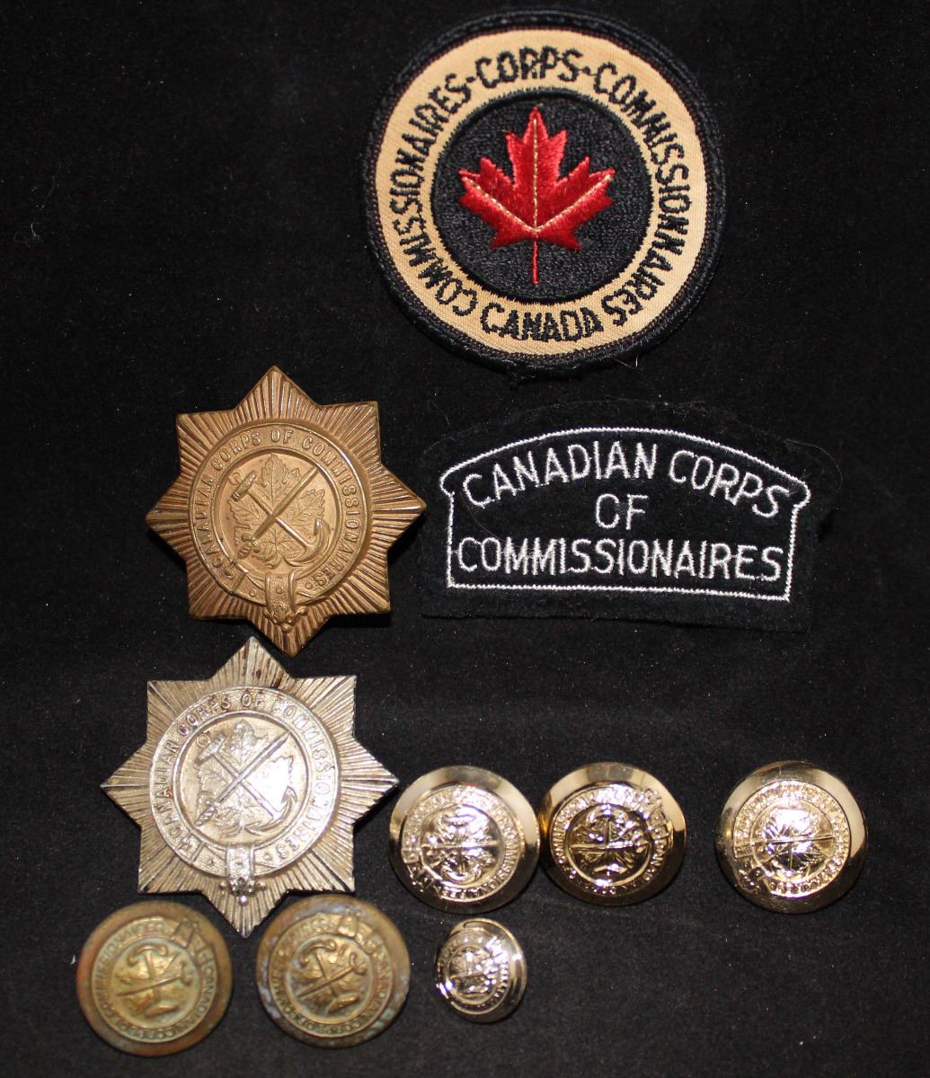 P4. Canadian Corps of Commissionaires badge, button/cloth flash lot