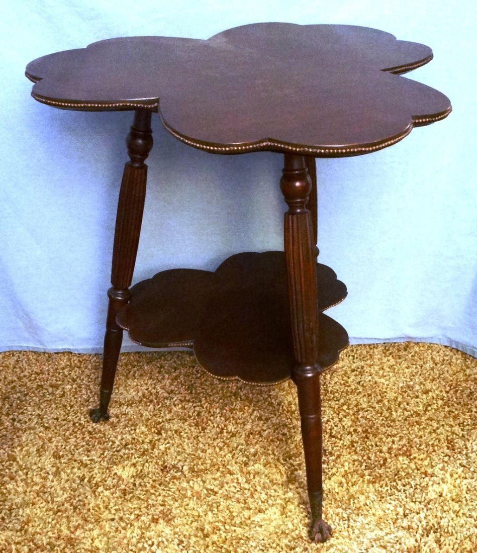 Mahogany clover leaf table, glass ball clawfeet
